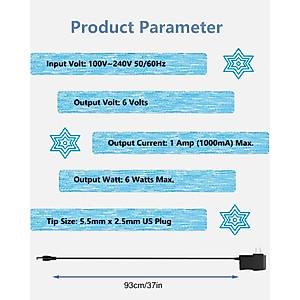 6V DC Power Supply 1A Universal AC Adapter, 100-240V 50/60Hz AC to DC 6 Volts 1Amp Power Adapter Transformer, DC 6V Power Cord, 5.5mm x 2.5mm DC Plug
