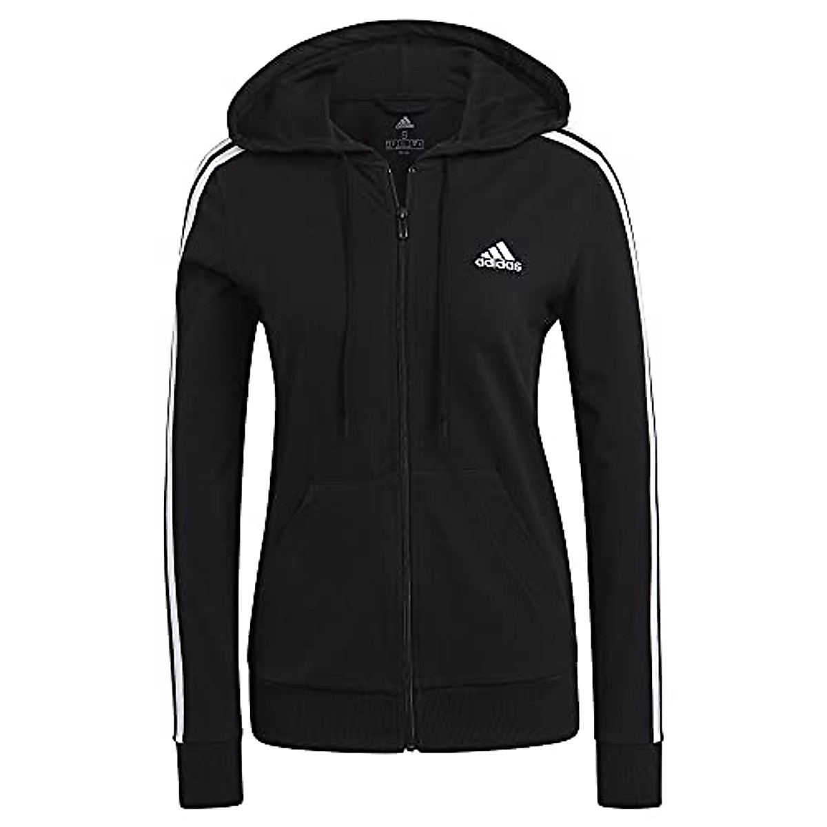 adidas Women's Essentials Single Jersey 3-Stripes Full-Zip Hoodie, Black/White, Medium
