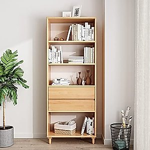 IOTXY Floorstanding Wooden Bookcase with Legs - 67" Tall Open Shelves Cube Billy Bookshelf with Drawers for Home and Office, Oak