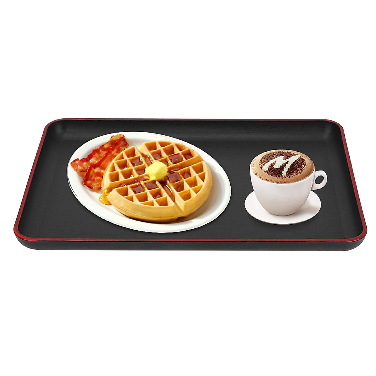 Rectangle Serving Tray,Tea Serving Tray， Bent Ply Tray,Fast Food Cafeteria Tray,Non-Slip Multi-Purpose Plastic Cafeteria Tray for Coffee Table, Kitchen, Parties，Black&Red (11.8 * 7.9 in)