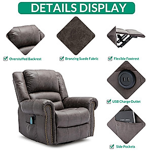 VIVIJASON Massage Swivel Rocker Recliner Chair with Heat & Vibration, 360° Swivel Manual Glider Rocking Reclining Chair with 2 Remote Controls, Side Pockets & USB Ports for Living Room, Smoky Gray