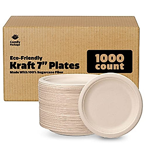 Comfy Package [Case of 1000 7 Inch Paper Plates, 100% Compostable Plates Heavy-Duty - Kraft Biodegradable Plates, Disposable Sugarcane Paper Plates - Brown Unbleached