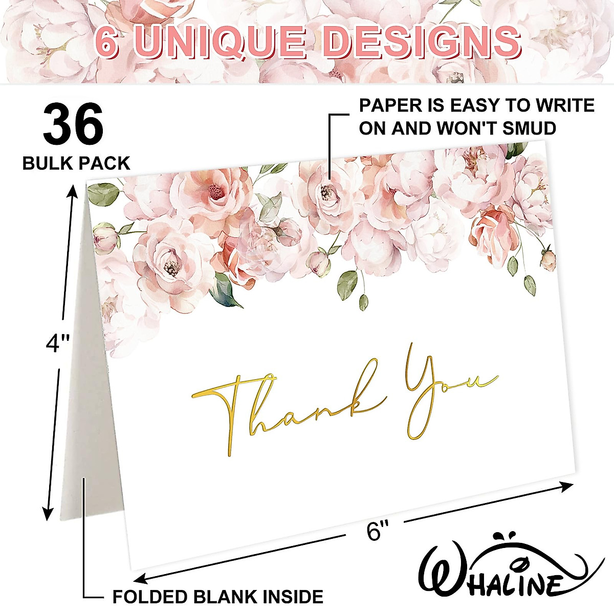 Whaline 36 Packs Floral Gold Foil Thank You Cards Watercolor Pink Flower Greeting Cards Blank Note Cards with Envelopes and Stickers for Wedding Baby Shower Bridal Shower Party, 4 x 6 Inch