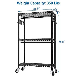 VIPEK V12 Medium Heavy Duty Rolling Garment Rack 3 Tiers Adjustable Clothes Rack with Double Rods & Hooks, Freestanding Wardrobe Closet Storage Rack Metal Clothing Rack for Hanging Clothes, Black