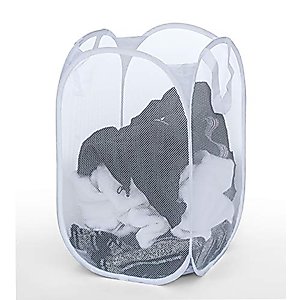Topline Pop-Up Square Laundry Hamper, Durable Ventilated Mesh with Carry Handles (White)