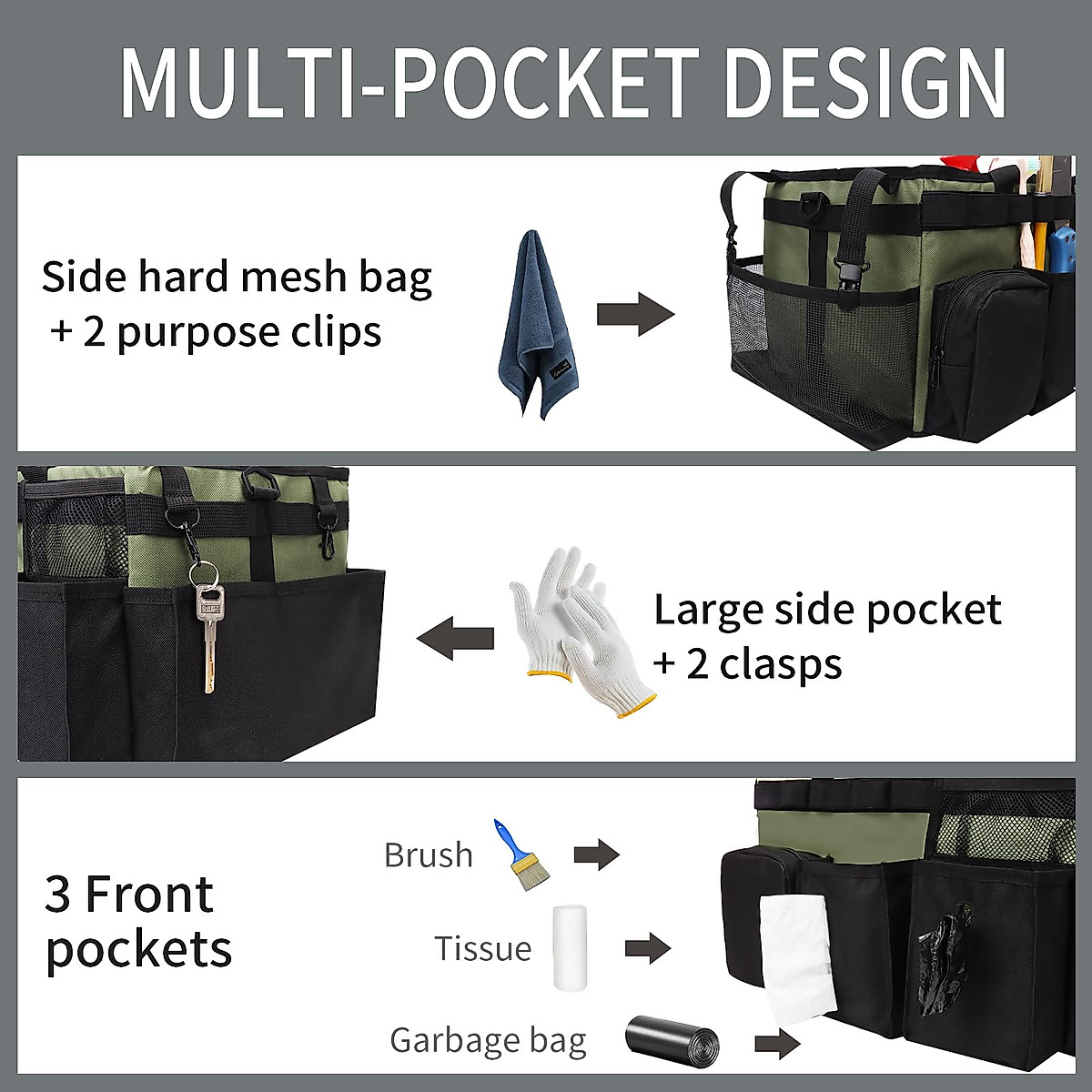 GRTCZYSL Cleaning Caddy Bag for Housekeepers, Cleaning Caddy Supplies Organizer, Wearable Cleaning Detailing Bag with Handles and Shoulder Strap Car Cleaning Tool Organizers Bag-Green