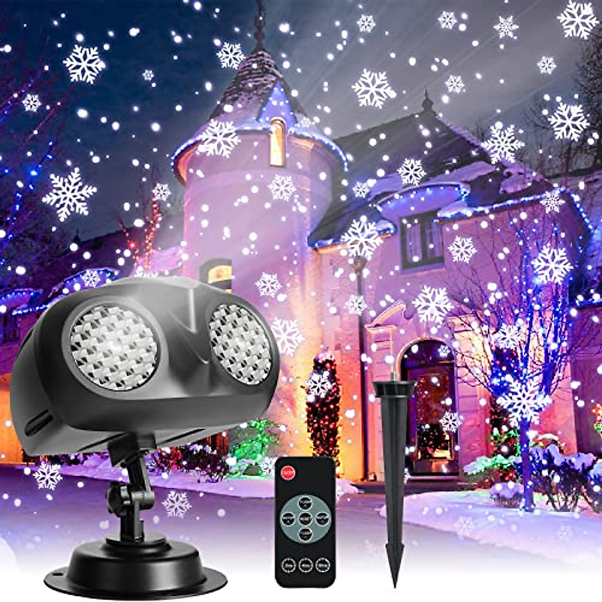 Snow Projector Lights, Xmas Snowflake Night Projection Lamp, IP65 Waterproof Outdoor LED Snow Spotlight with Remote Control for Halloween Holiday Party Home Decoration Garden Light Projector