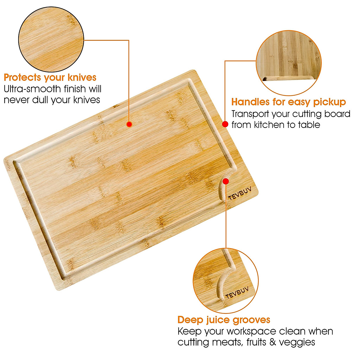 TEVBUV Large Bamboo Cutting Board – 18 x 12-inch Chopping Board with Juice Groove for Meat, Vegetables, Fruits, Cheese – Multipurpose Wooden Cutting Board, Serving Tray, Charcuterie Board with Handle