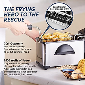 Elite Gourmet EDF2100 Electric Immersion Deep Fryer Removable Basket Adjustable Temperature, Lid with Viewing Window and Odor Free Filter, 2 Quart / 8.2 cup