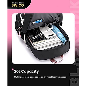 Swico Remado Kpop Backpack Laptop Bag School Bag Bookbag with USB Charging and Headphone Port, Black&Pink (Black Yellow)