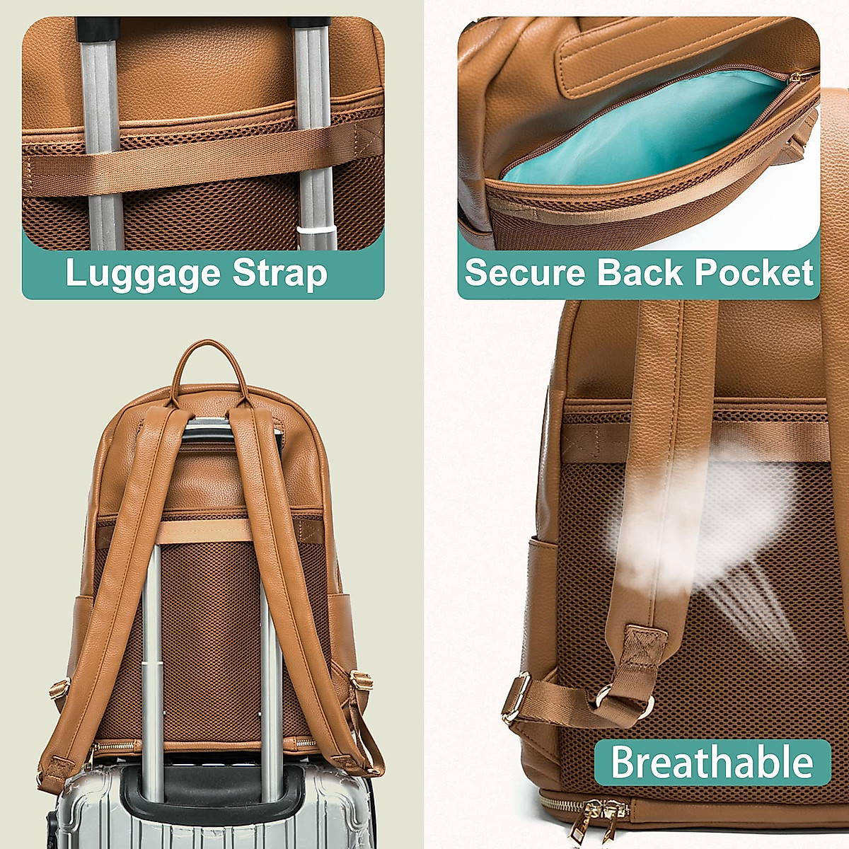 MOMINSIDE Small Diaper Bag Backpack, 13 Pockets Leather Mini Baby Bag Backpack, Breast Pump Bag, 13 Inch Laptop Sleeve, 2 Insulated Pockets, Bottom Compartment, Brown