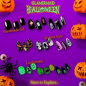 Short Almond Press on Nails, Green Leaves GLAMERMAID Glue on Nails with Design Fake Nails, Medium Oval Ferns Stick on False Nail Kits for Women Girls Gift, Reusable Stiletto Acrylic Nails Sets