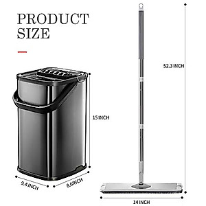 Black Squeeze Flat Floor Mop and Bucket Set,Stainless Steel Handle Adjustable, 4 Washable & Reusable Microfiber Mop Pads, Professional Commercial Home Mops for Floor Cleaning