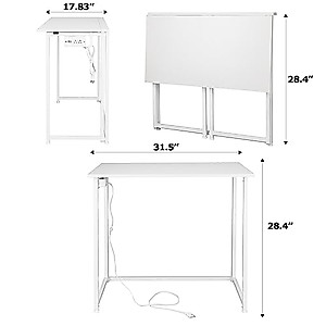 ErgoDesign Folding Computer Desk with Power Outlets for Small Spaces, No-Assembly Space-Saving Home Office Desk, Foldable Computer Table (White)