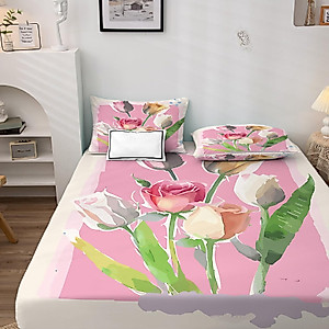 zcsm Tulip Sheets Full Size Sheet Sets - Floral Bed Sheets, Soft Microfiber & Deep Pocket & Wrinkle Free Patterned Bedding Sheets & Pillowcases, 4 Piece (1 Fitted Sheet, 1 Flat Sheet, 2 Pillow Cases)