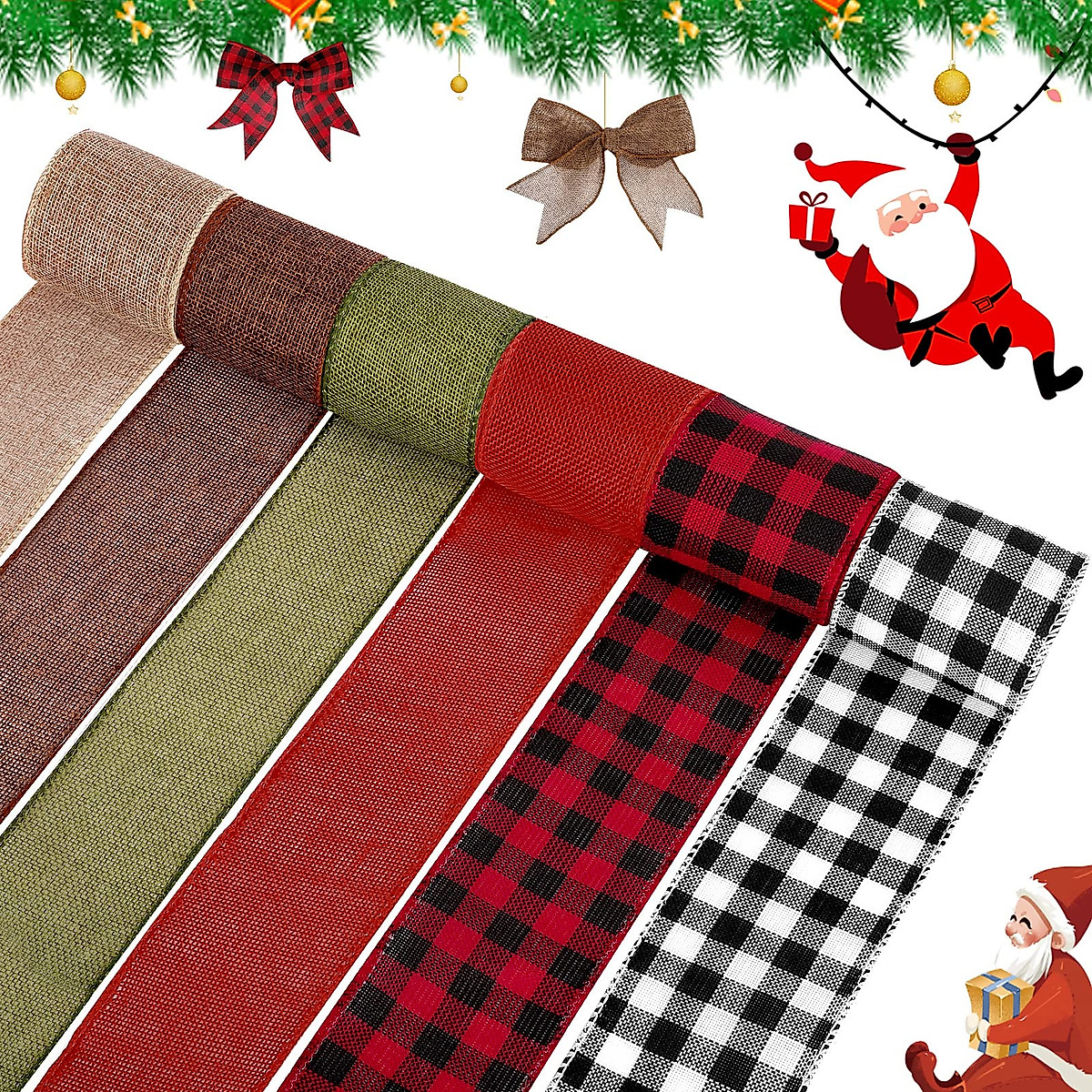 6 Rolls Wired Christmas Ribbon 30 Yards 2-1/2'' Wired Edge Burlap Ribbons for Christmas Thanksgiving DIY Gift Wrapping Wedding Floral Bows Crafts