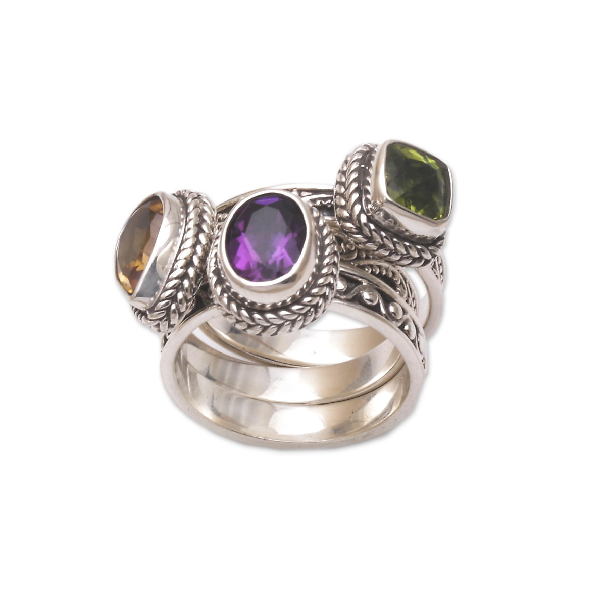 NOVICA Artisan Handmade .925 Sterling Silver Multigemstone Stacking Rings Amethyst Citrine Peridot Cocktail Indonesia Birthstone 'Perfect Prism' (set of 3)