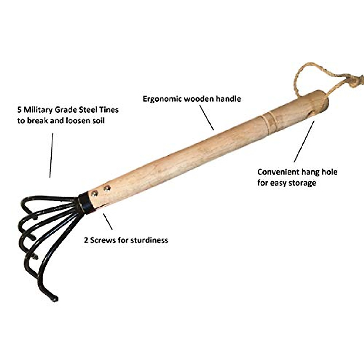 Garden Guru Hand Rake Cultivator Claw Soil Tiller - Military Grade Steel - Rust Resistant - 5 Tine Japanese Ninja Claw - Comfortable Wood Handle - Perfect Pulverized and Aerated Soil