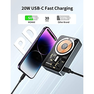 MOMAX Magnetic Power Bank, 10000mAh Magnetic Wireless Power Bank with Stand, 20W PD USB-C Portable Magnetic Charger, Compatible with iPhone MagSafe Battery Pack, for iPhone 14/Max/Pro/Pro Max-Black