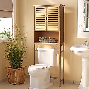 VEIKOUS Bamboo Over The Toilet Storage Cabinet, Bathroom Space Saver, Over The Toilet Rack with Adjustable Shelf, Natural Color