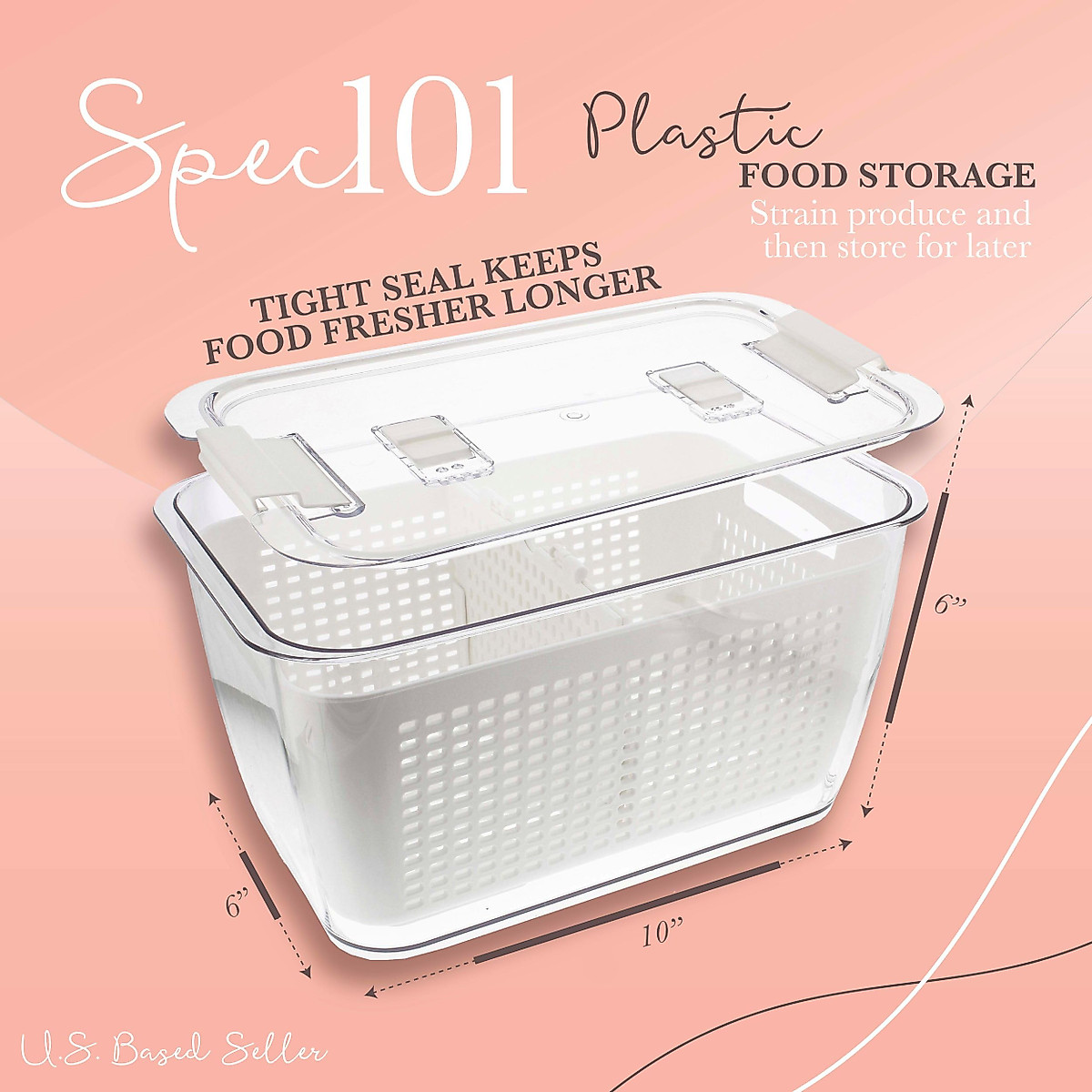 Spec101 Plastic Food Storage 10in - Kitchen Strainer Container with Lid, Large Fridge Containers for Fruits, Vegetables