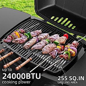 Portable Propane Gas Grill, 2-Burner Portable Gas Grill Small Tabletop Gas Grill, 24000BTU BBQ Outdoor Griddle Gas Grill with Removable Side Tables, Thermometer, Regulator, Gas Hose, Black