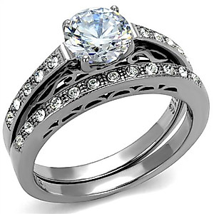 Marimor Jewelry His and Her 3 Piece Stainless Steel 1.39 Carat Cubic Zirconia Bridal Set and Men's Classic Wedding Band Women's Size 06 Men's 06mm Size 08