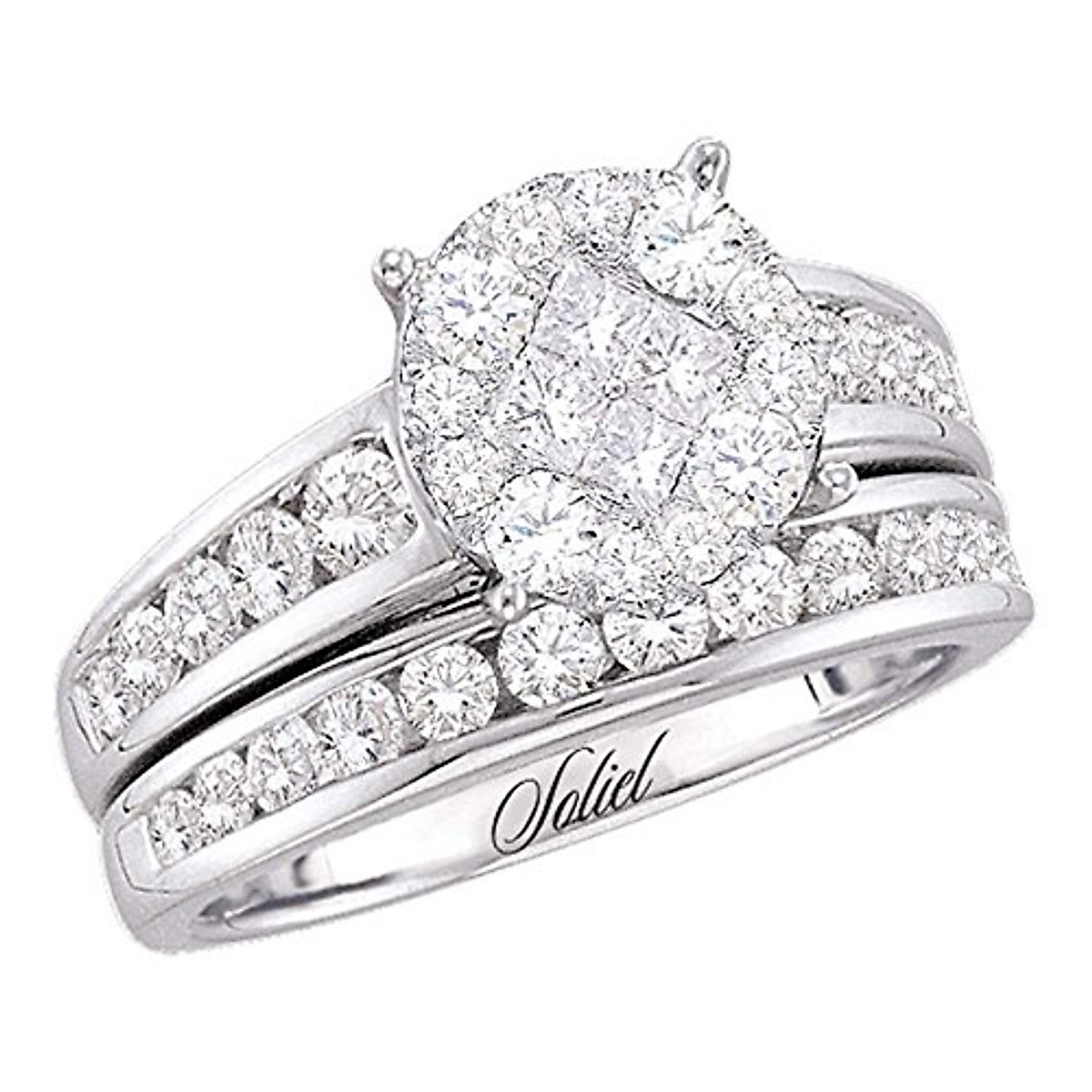 Size - 4 - 14k White Gold Diamond Ladies Womens Bridal Engagement Ring with Matching Wedding Band Two 2 Ring Set Invisible Solitaire Style Center Setting with Side Stones Channel Set Princess and Round Cut Diamond Ring 10mm (1.0 cttw)