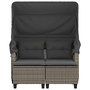 vidaXL Gray Poly Rattan Patio Loveseat with Retractable Canopy and Matching Stools - Outdoor 2-Seater Sofa - Weather-Resistant Garden Furniture