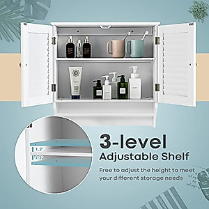 Tangkula Bathroom Medicine Cabinet, Wall Mounted Double Louvered Doors Storage Cabinet with Height Adjustable Shelf and Bar, Hanging Storage Bathroom Cabinet Organizer, White