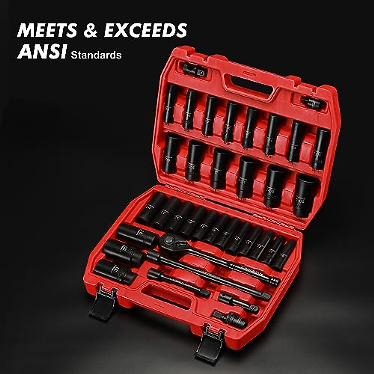 CASOMAN 1/2" Drive Master Impact Socket Set, 36 Piece Deep, Standard SAE (3/8" To 1-1/4") & Metric (10-32 mm) Sizes, Includes Extension Bar (3, 5, 10-inch), Adapters & Ratchet Handle, CR-V Steel