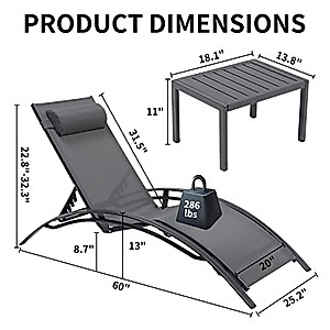 VARVIND Patio Chaise Lounge Chair Set of 3,Aluminum Outdoor Lounge Chair with Headrest,Sunbathing Lounger,Pool Tanning Chairs,Armrest Recliner Chiar with Side Table for Beach,Garden，Lawn(Grey)