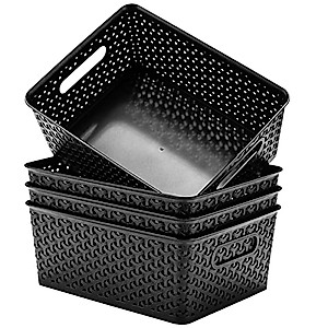 Aebeky Plastic Storage Basket,Medium Weave Basket Organizer,4-Pack (Black)