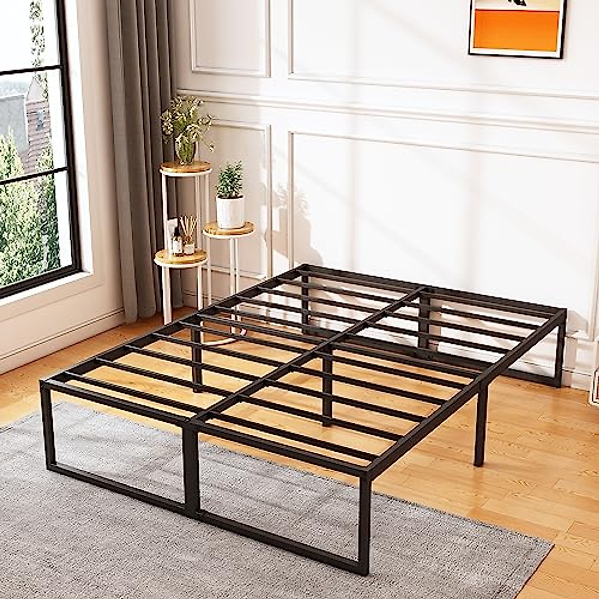 XINXINYAN 16 Inch Queen Bed Frame, No Box Spring Needed, Heavy Duty Metal Platform Queen Size Bed Frame, Strong Steel Slats Support, Noise Free, Easy Assembly, Black