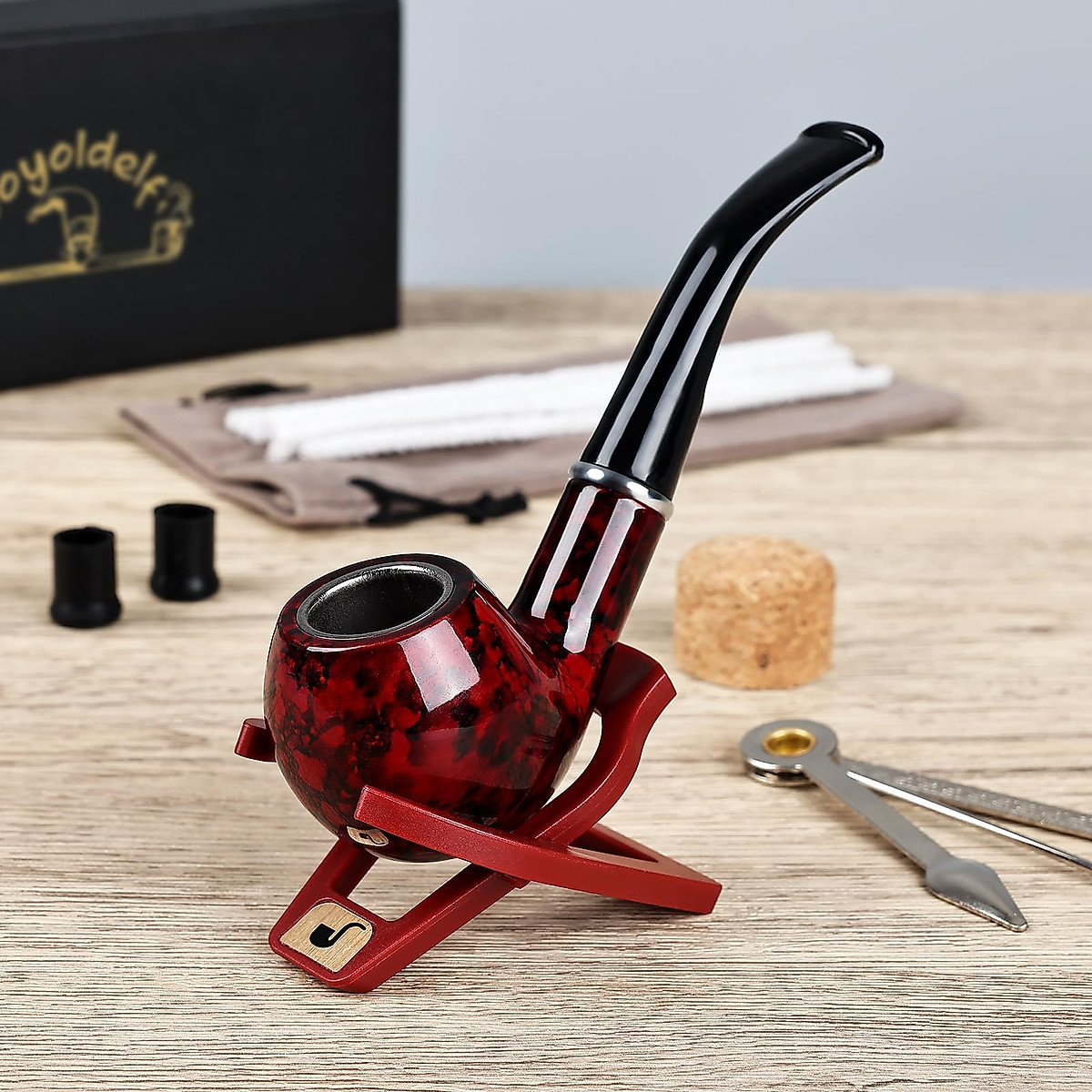 Joyoldelf Tobacco Pipe, Classic Smoking Pipe with Foldable Tobacco Pipe Stand, Bent Tobacco Pipes for Smoking with Gift Box and Smoking Accessories