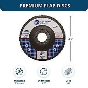 Benchmark Abrasives 4.5" x 7/8" Premium High-Density Jumbo Zirconia Type 27 Flap Discs for Sanding, Stock and Rust Removal, Finishing, Grinding, Deburring (10 Pack) - 40 Grit