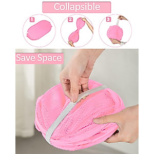 Durable Collapsible Laundry Baskets - Reinforced Mesh Pop Up Laundry Hamper with Side Pocket, Foldable Clothes Storage Hamper with Carry Handles for Laundry, Bathroom, Kids Room, Dorm or Travel Pink