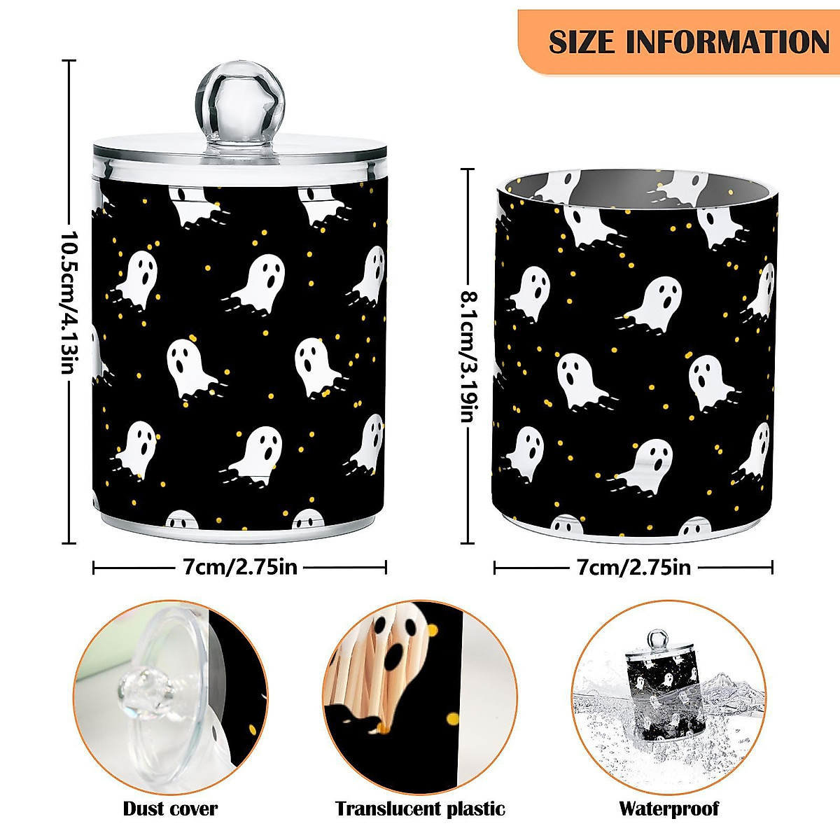 YETTASBIN Halloween Ghost Clear Plastic Apothecary Jars 2 Pack, 14 oz Qtip Holder Dispenser with Lid, Clear Bathroom Storage Canister for Cotton Ball, Cotton Swab