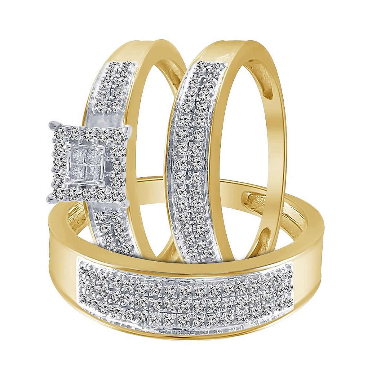 Pretty Jewels 10k Yellow Gold 0.47 Carat (cttw) Princess And Round White Diamond Double Halo Engagement Wedding Trio Ring Set For Him & Her (Color : H-I, Clarity : I1-I2), Wsize-9, Msize-10.5