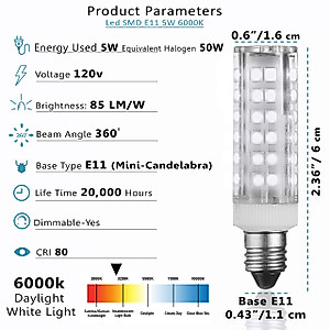 E11 LED Bulbs – 5W - 50W Halogen Replacement - Dimmable - Mini-Candelabra Base Light Bulb - Replaces T4 /T3 JDE11 – Day Light 6000K - for Ceiling Fans, Cabinet Lighting, Sconce & More- 4 Pack