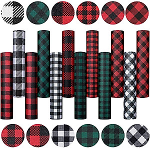 12 Pieces Christmas Buffalo Plaid Faux Leather Sheets Fabric Sheets DIY Crafts Synthetic Leather Sheets for Earrings Hair Bows DIY Crafting, 6.3 x 8.3 Inches