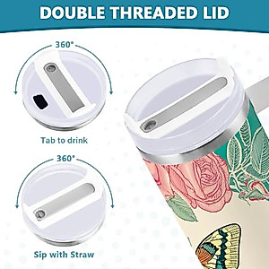ODAWA 40oz Spill Proof Tumbler with Straw, Butterfly Pink Roses Vacuum Insulated Tumbler with Handle and Straw Lid