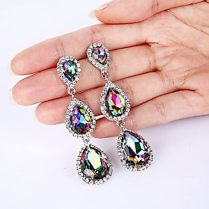 EleQueen Women's Silver-tone Austrian Crystal Tear Drop Pear Shape Long Dangle Earrings Multicolor