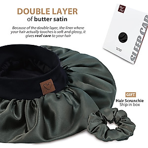 Hat Hut Satin Silk Bonnet for Curly Hair Sleep Cap for Women Sleeping Adjustable Hair Bonnet with Pattern Double Layer (Olive Green)