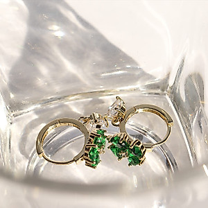 Sonateomber Sparkly Green Clover Leaf Small Gold Huggie Earrings for Women - Cute Heart Cubic Zirconia, Drop Dangle Circle Hoop Girl Cartilage Jewelry Gift