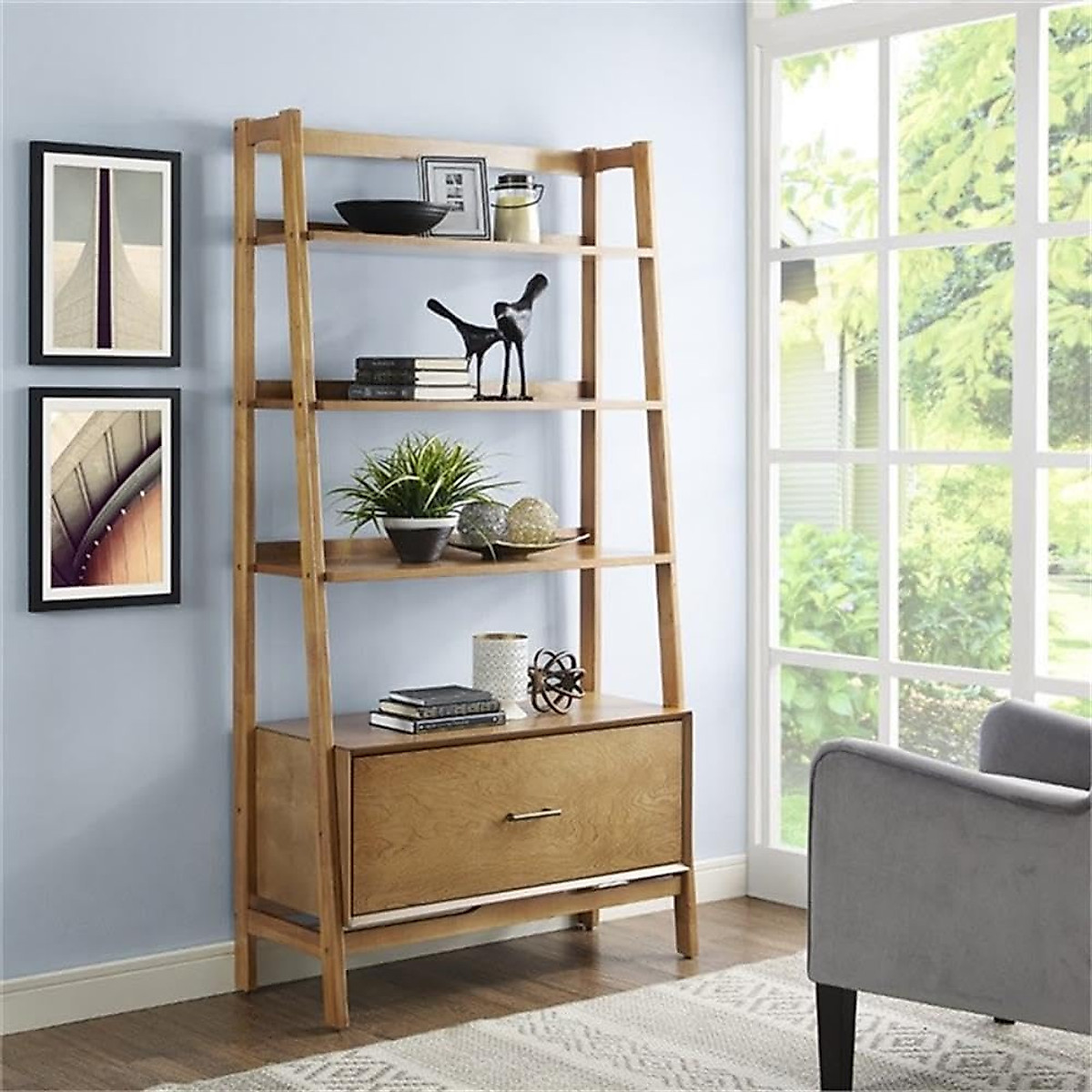 Crosley Furniture Landon Large Bookshelf Etagere, Bookcase Storage with Shelves and File Drawer, Acorn