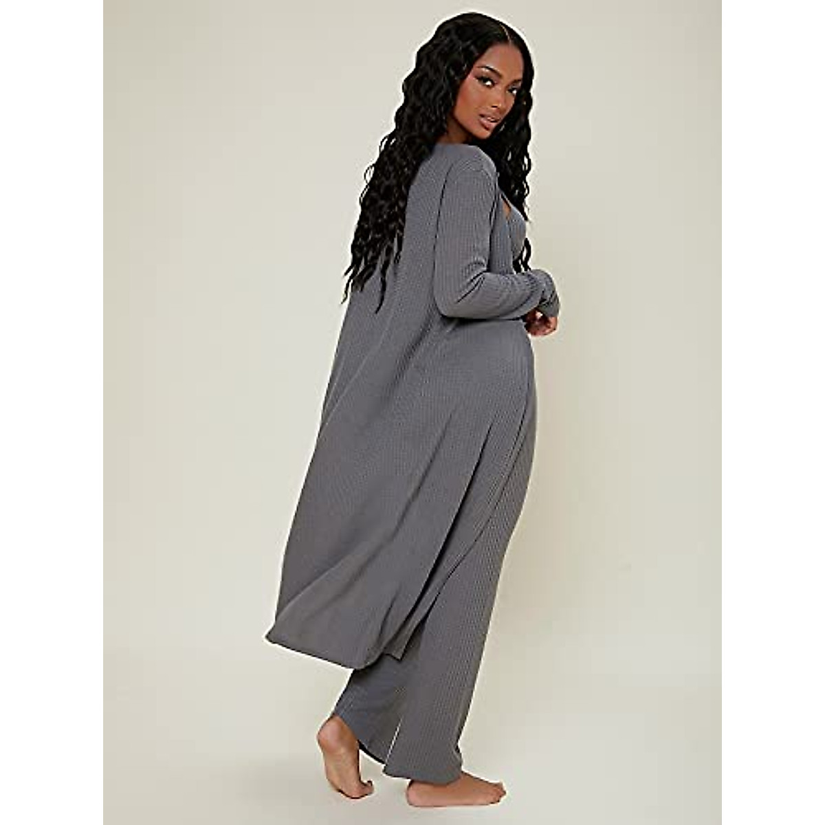 SheIn Women's Ruched Knot Bust Cami Top Long Pants Lounge Set with Long Sleeve Robe Dark Grey Large