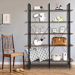 VINGLI Bookcases and Book Shelves 5 Shelf,Double Wide 5 Tier Bookshelf,5 Tier Tall Bookshelf,Large Etagere Bookshelf 5 Shelf Bookcase,Industrial Style Bookshelf,Living Room,Bedroom,Office