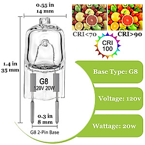 G8 Halogen Light Bulbs 2 pin - G8 Base 20 Watt Light Bulb 120V Dimmable Warm White 2700K - T4 JCD Type Under Cabinet Lighting Bi-Pin Puck Light Bulbs, 10 pack