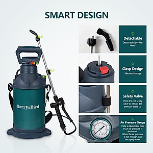 Berry&Bird 1.5 Gallon Green Polyethylene Garden Pump Sprayer, Compact, Ergonomic, Adjustable Nozzle, Shoulder Strap, Safety Valve, Multi-Purpose Lawn & Garden Sprayer